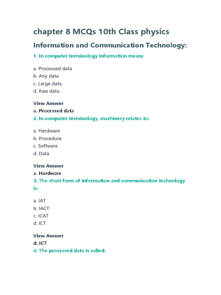 Chapter 8 MCQs 10th Class Physics | PDF | Floppy Disk | Computer Hardware