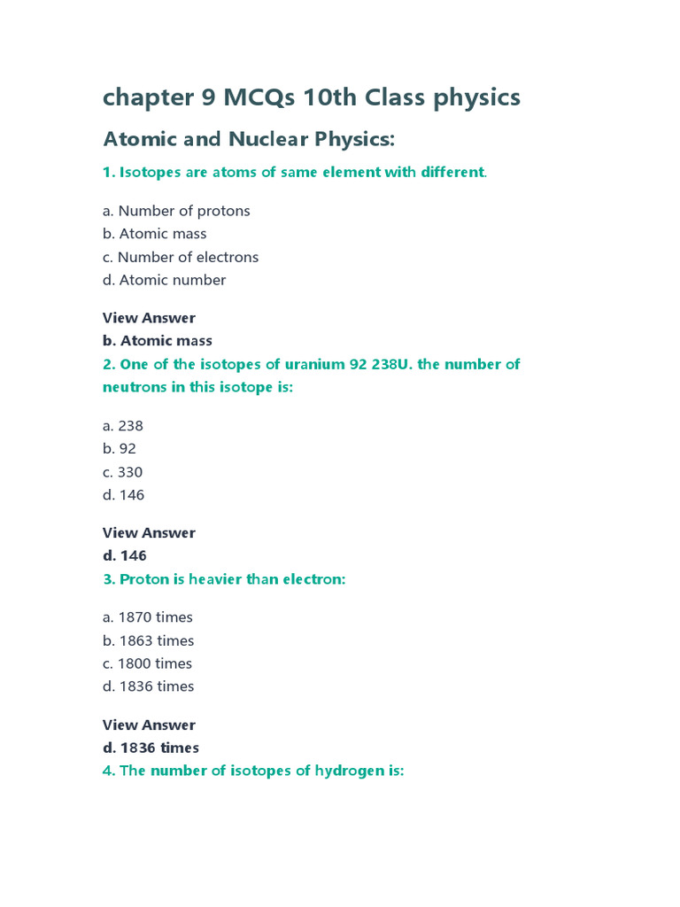 Chapter 9 MCQs 10th Class Physics | PDF | Atoms | Radioactive Decay