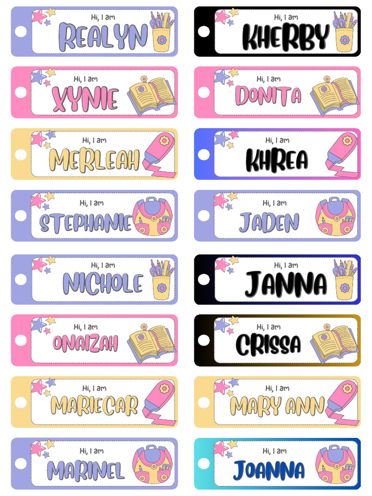 Colorful Cute School Name Label A4 Document | PDF