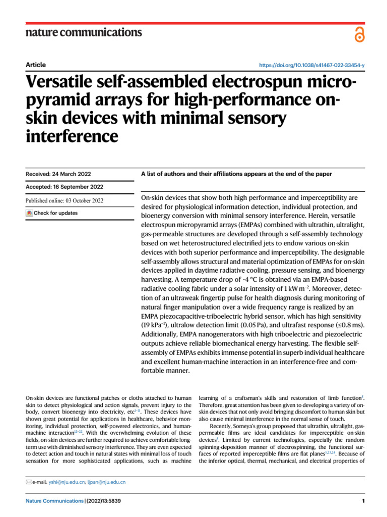 Versatile Self-Assembled Electrospun Micropyramid Arrays For High-Performance On-Skin Devices ...