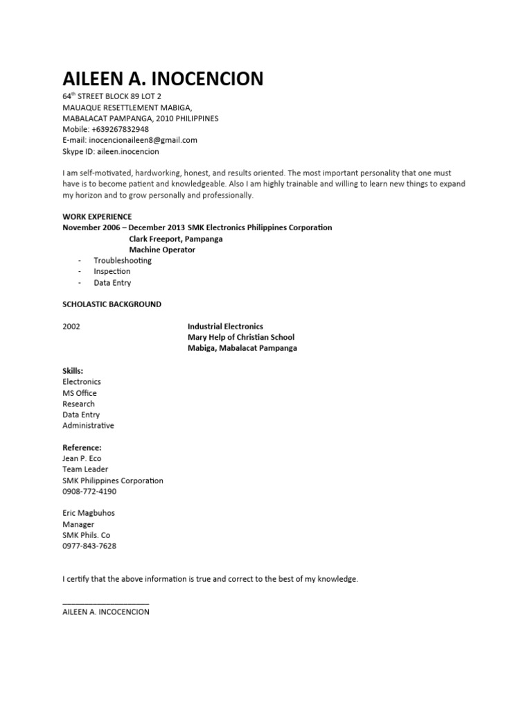 Aileen Inocencion Resume 2022 | PDF | Career & Growth | Business