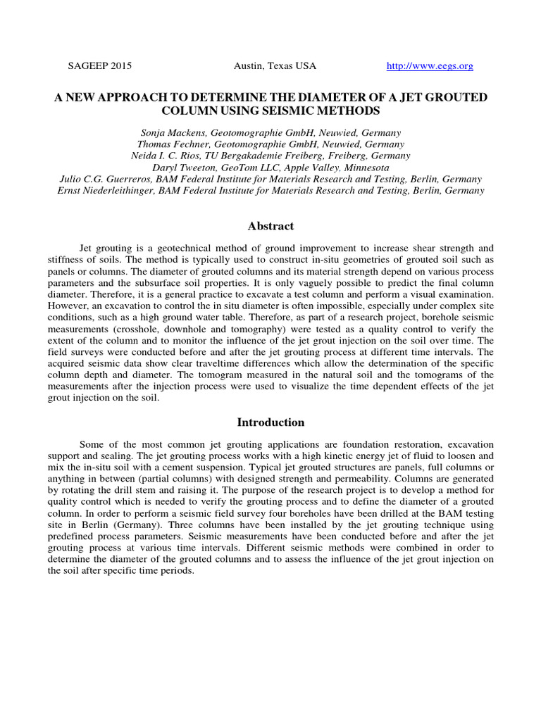 Diameter of A Jet Grouted Column Using Seismic Methods | PDF ... Diameter of A Jet Grouted Column Using Seismic Methods | PDF ...
