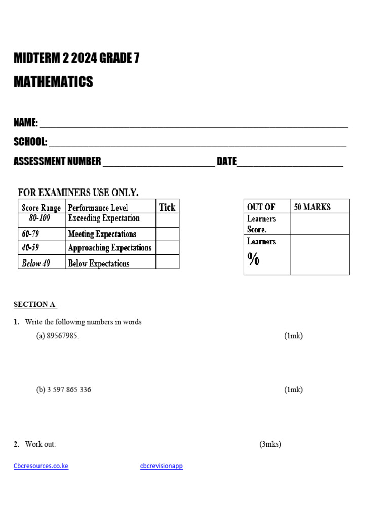 Grade 7 Maths Midterm 2 Exam Set 2 | PDF | Mathematics