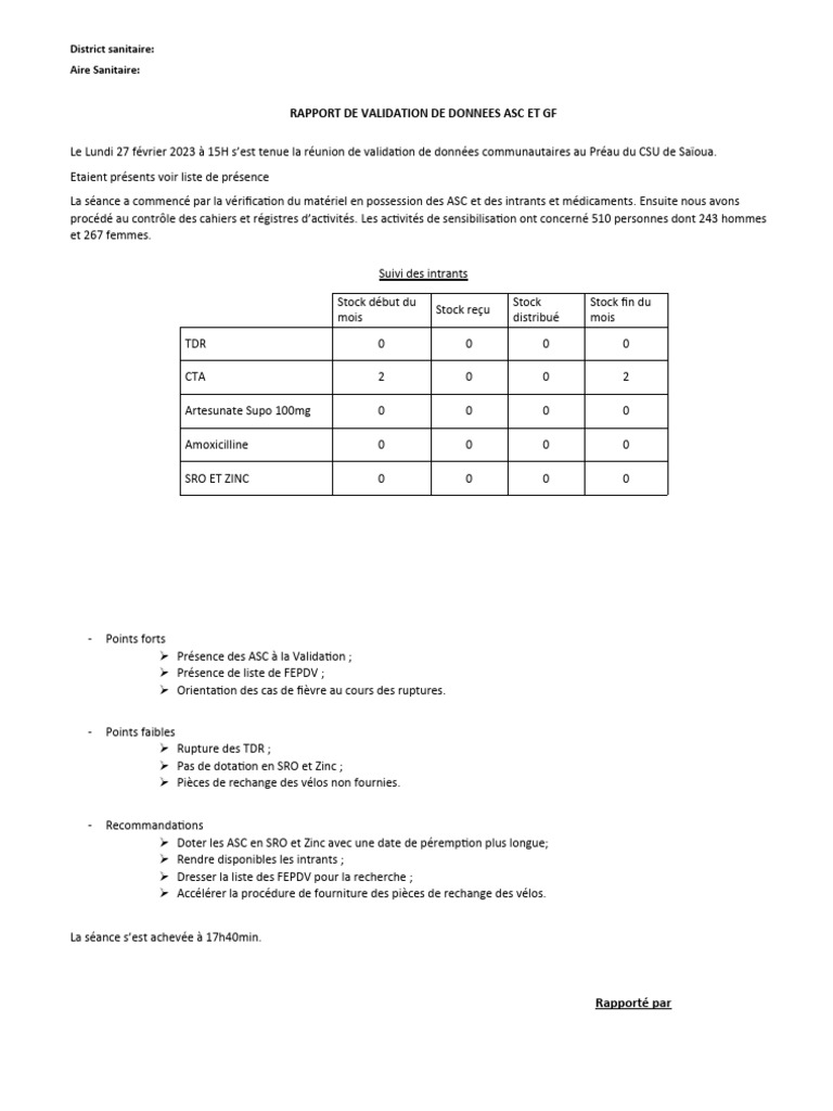 Rapport de Validation Saïoua Février 2023 | PDF