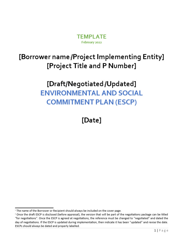 General ESCP ENVIRONMENTAL AND SOCIAL Commitment Plantemplate | PDF | International Development ...