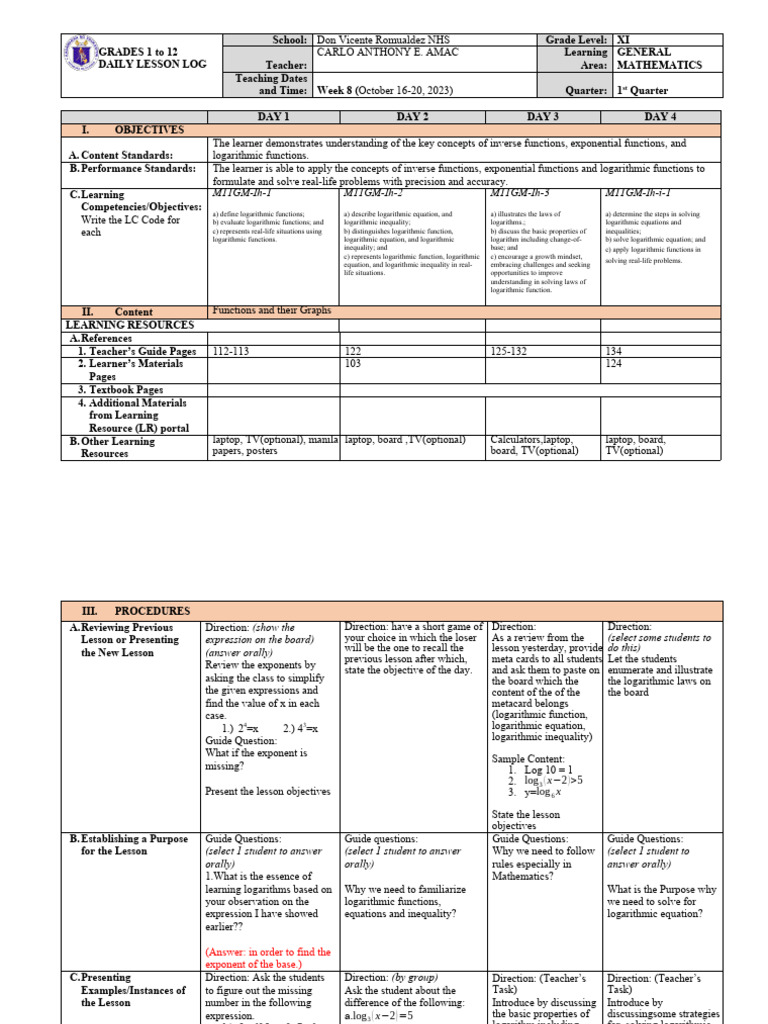 DLL Gen Math Week 8 | PDF | Logarithm | Function (Mathematics)