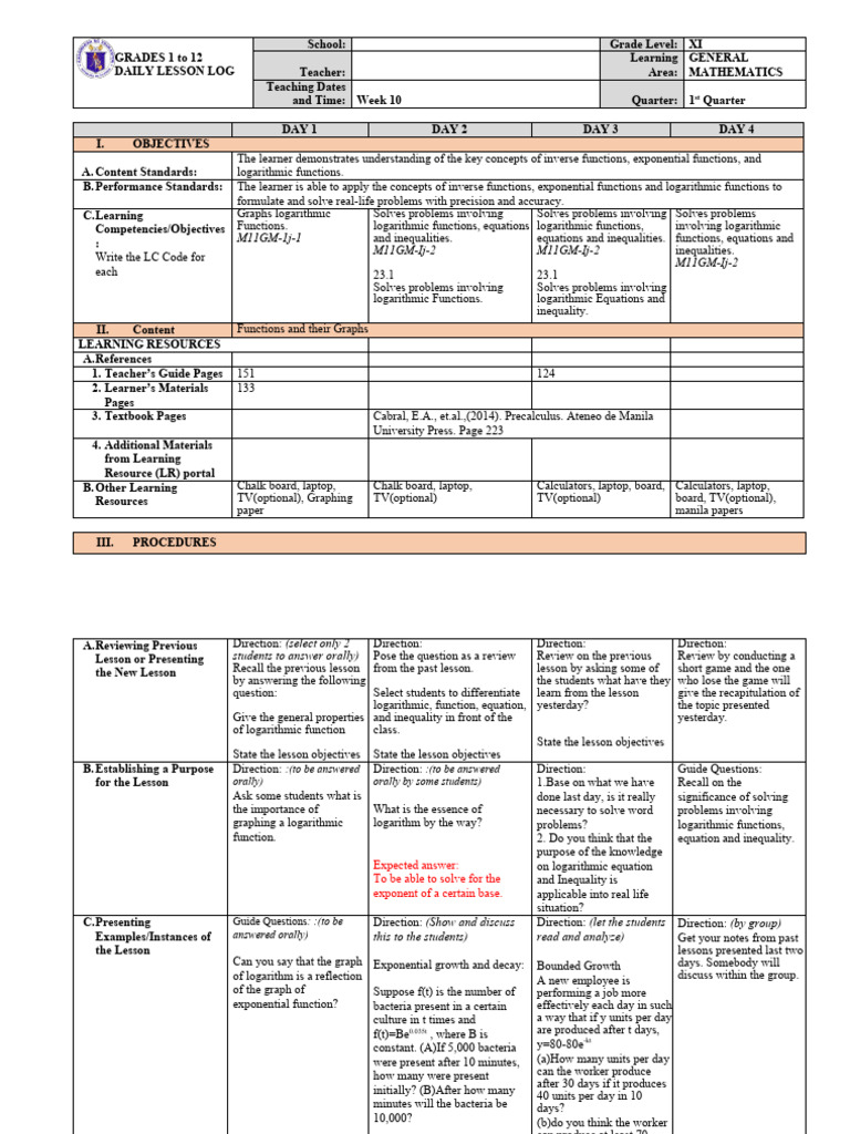 DLL Gen Math Week 10 | PDF | Logarithm | Function (Mathematics)