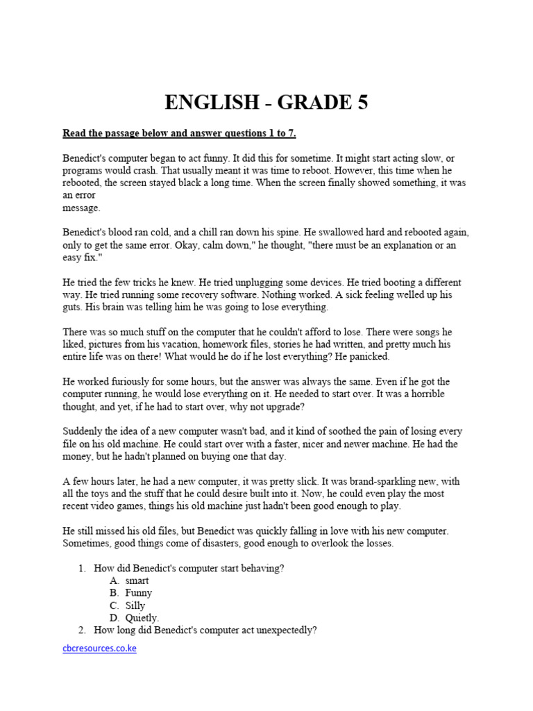 Grade 5 ENGLISH Term 1 Holiday Assignment | PDF
