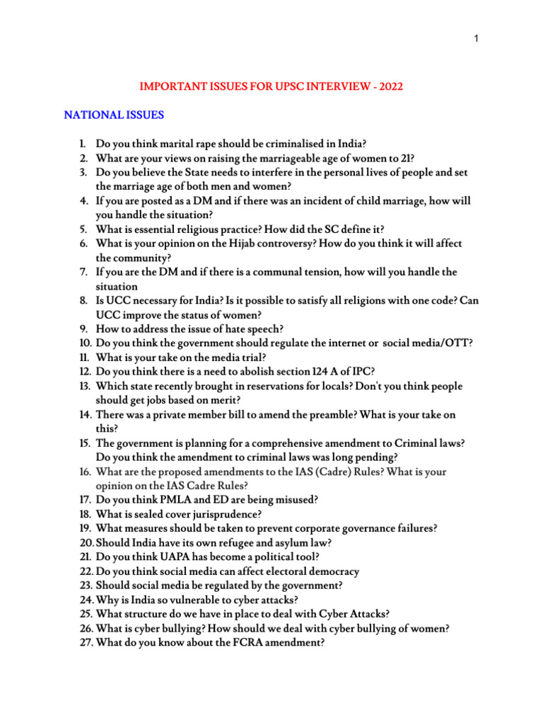 Important Issues For Upsc Interview 2022 | PDF