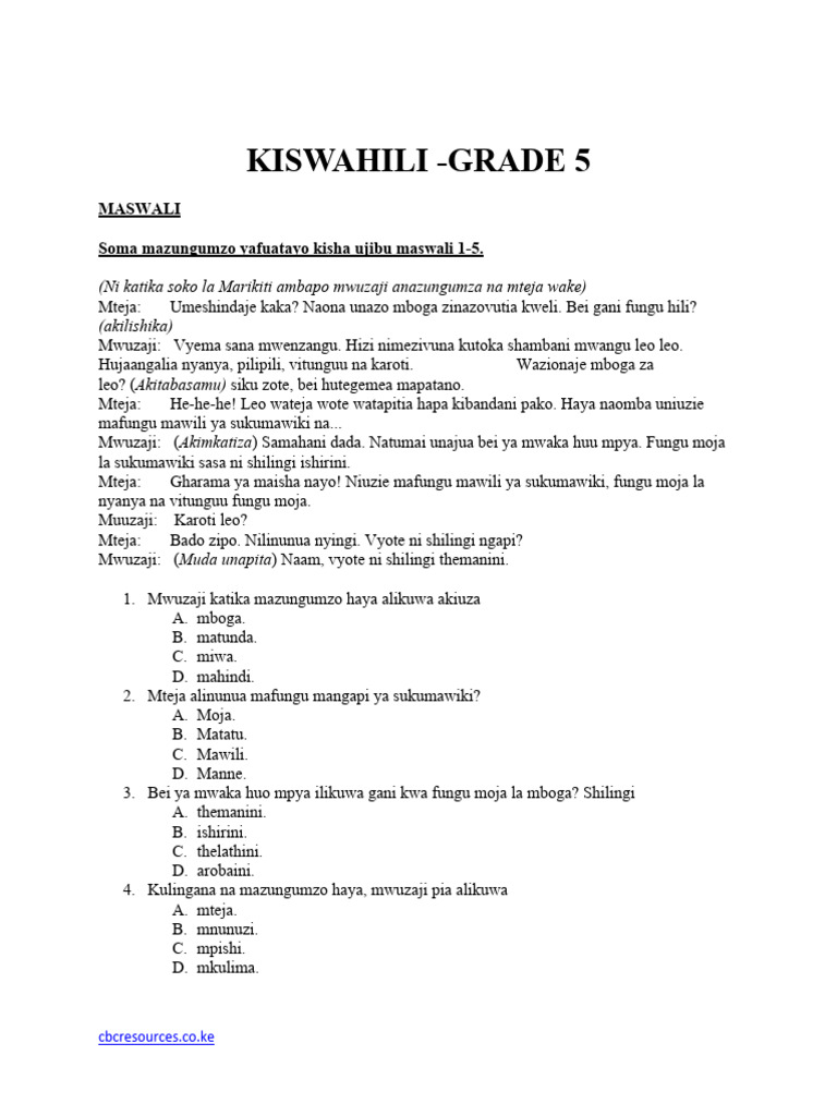 Grade 5 SHUGHULI ZA KISWAHILI Term 1 Holiday Assignment-1 | PDF
