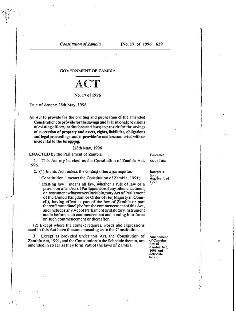 Zambian Constitution Act 1996 | PDF | Government | Legal Documents