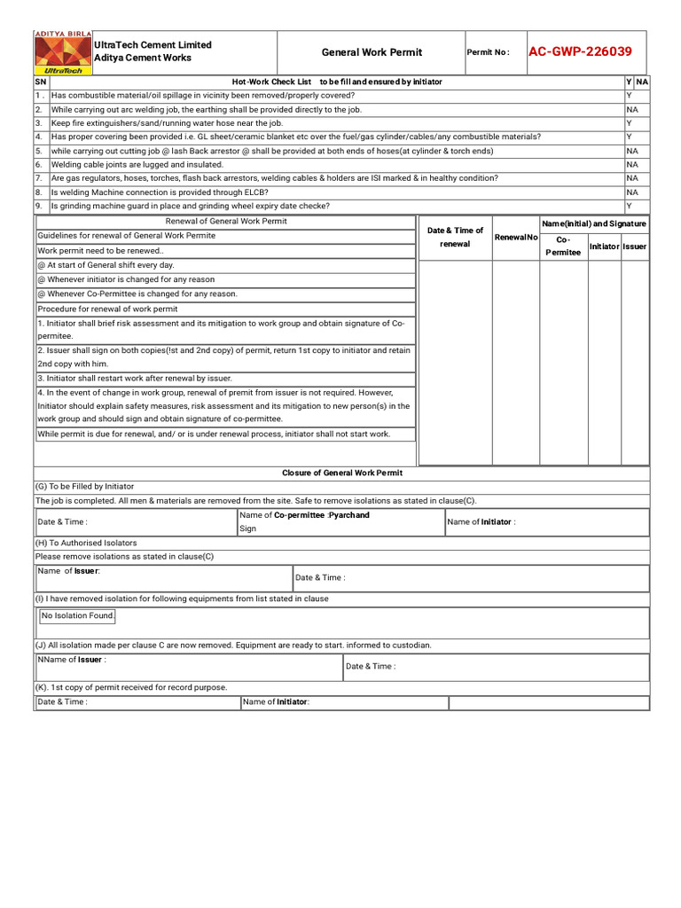 Ultratech Cement Limited Aditya Cement Works: Ac-Gwp-226039 | PDF ...