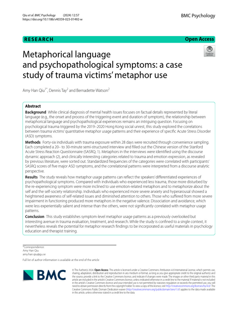 Metaphorical Language and Psychopathological Symptoms: A Case Study of ...
