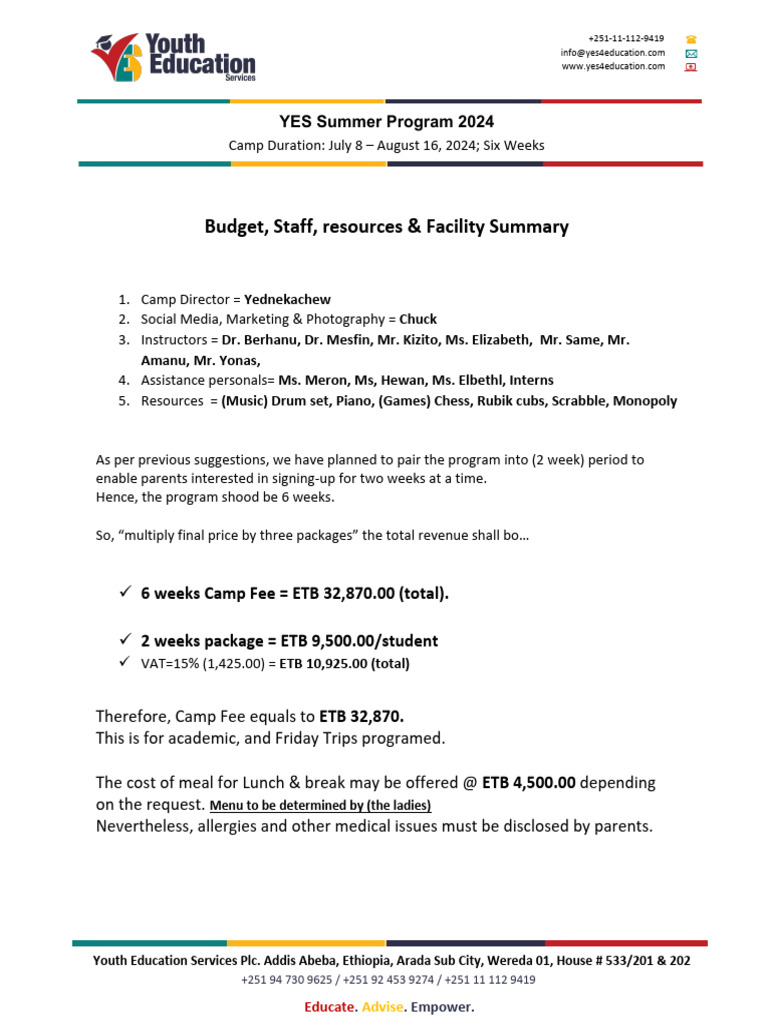 YES Summer Camp Price | PDF