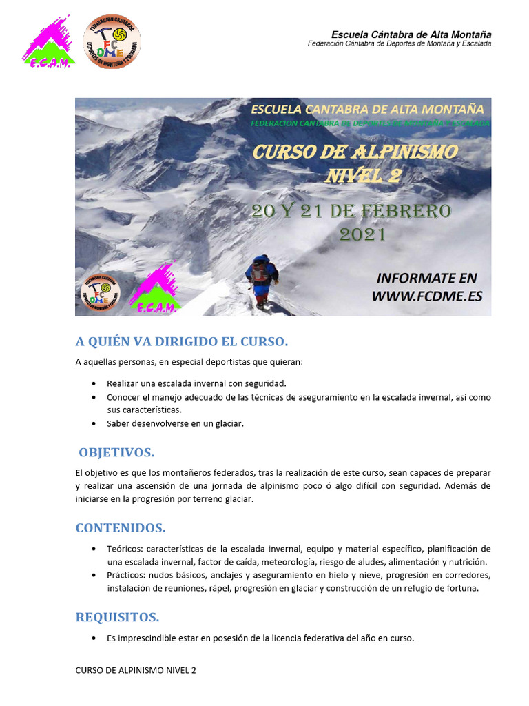 Programa 21a201 Alpinismo Nivel 2 | PDF | Alpinismo | Montañas