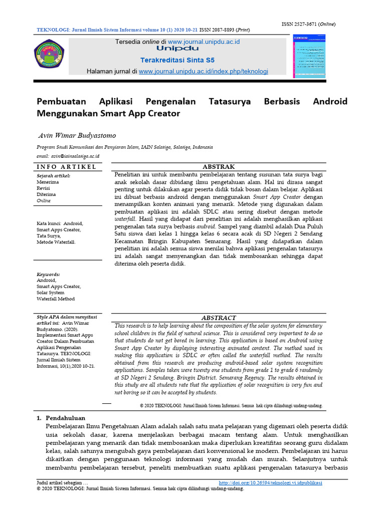 Pembuatan Aplikasi Pengenalan Tatasurya Berbasis Android Menggunakan Smart App Creator | PDF