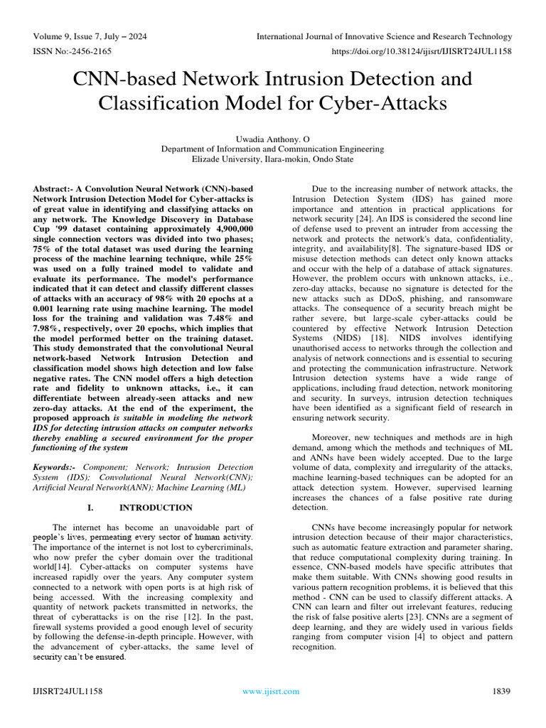 CNN-based Network Intrusion Detection and Classification Model For Cyber-Attacks | PDF | Machine ...
