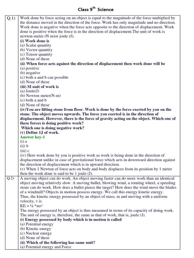9th Science Answersheet Chapter Work And Energy Pdf Potential