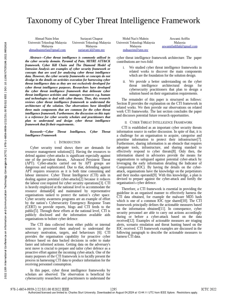 Taxonomy of Cyber Threat Intelligence Framework | PDF | Security | Computer Security