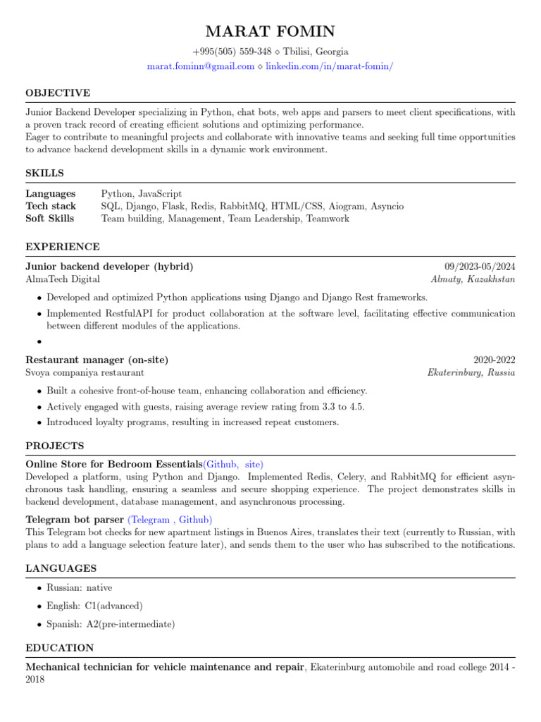 Marat_Fomin_CV | PDF | Python (Programming Language) | Web Application