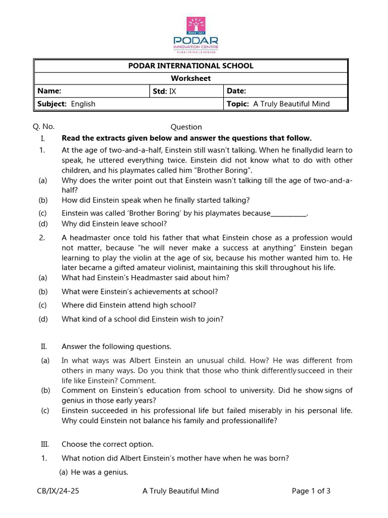 QP - WS - CB - IX - Eng - Prose - A Truly Beautiful Mind | PDF | Albert ...