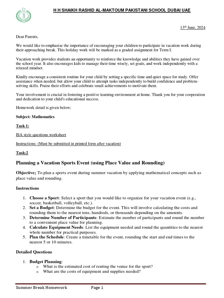 Vacation Homework Grade 6 Mathematics (2024-2025) | PDF ...