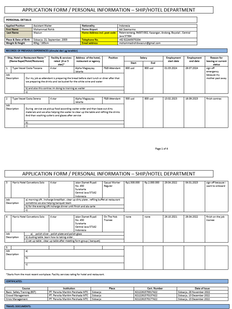 CV Application Form -Mohammad Rohib Wasiun | PDF | Waiting Staff
