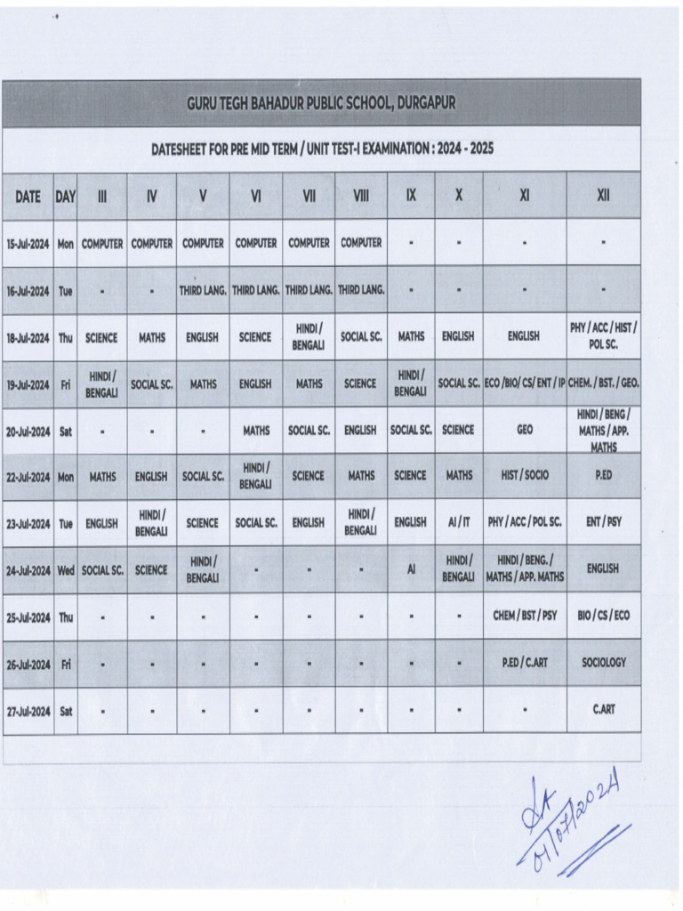 Exam Date Sheet-2024-25 | PDF