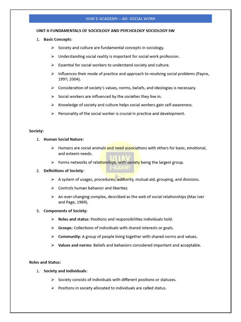 Msw-Unit Ii-Fundamentals of Sociology and Psychology Sociology-Sw | PDF ...