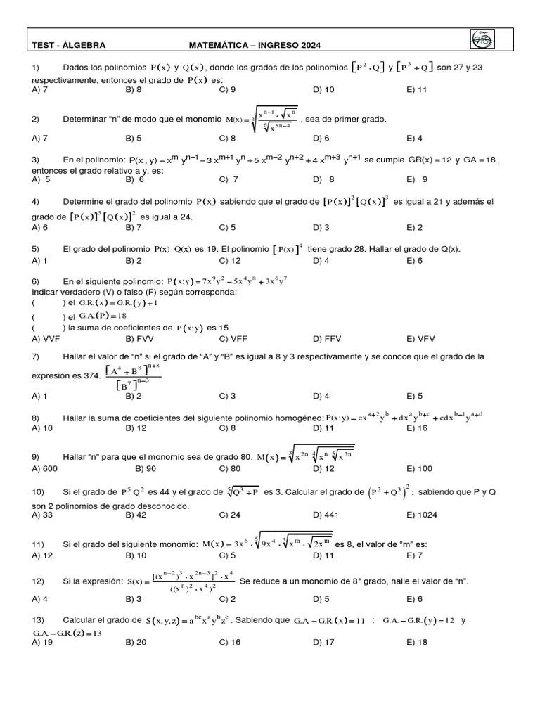 Test de Álgebra para Ingreso 2024 | PDF | Matemáticas De La Computación ...