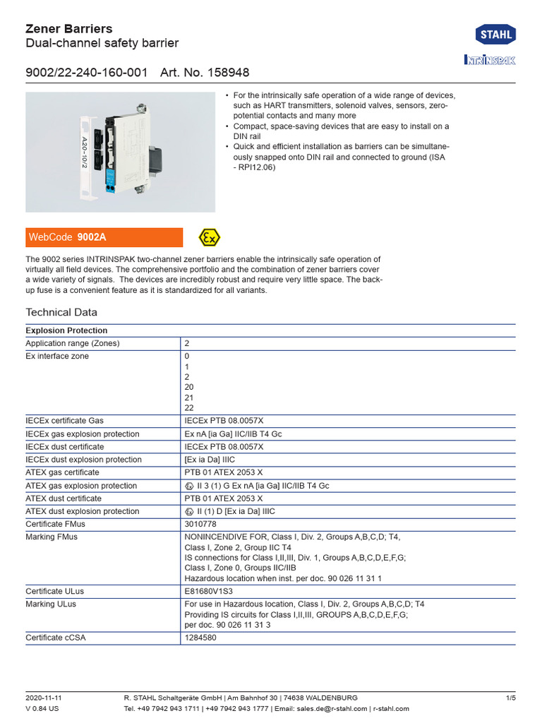 Fiche Technique Dual-Channel Zener Barriers 9002 22-240-160-001 Safety ...