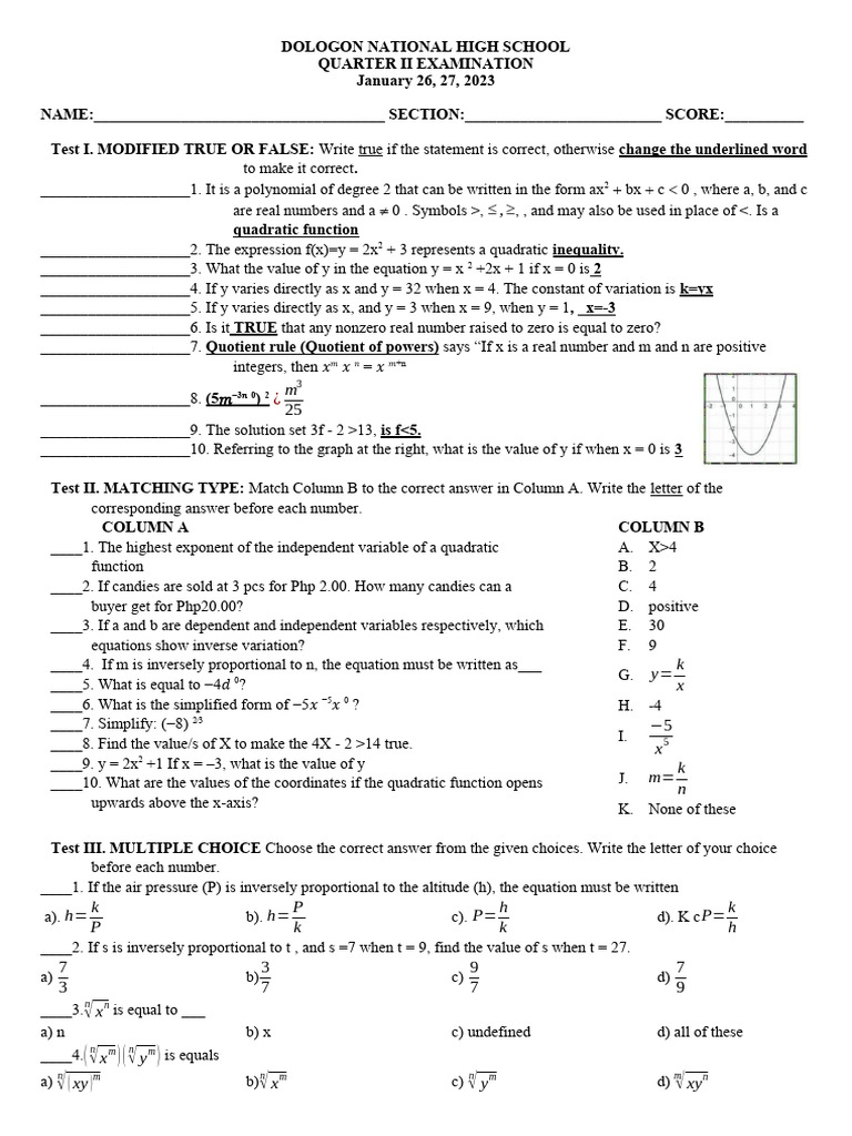 Math 9 Q2 PERIODICAL EXAM With Anwer | PDF | Equations | Function (Mathematics)