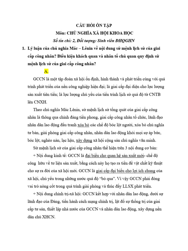 Đề cương CNXH KH 1 | PDF