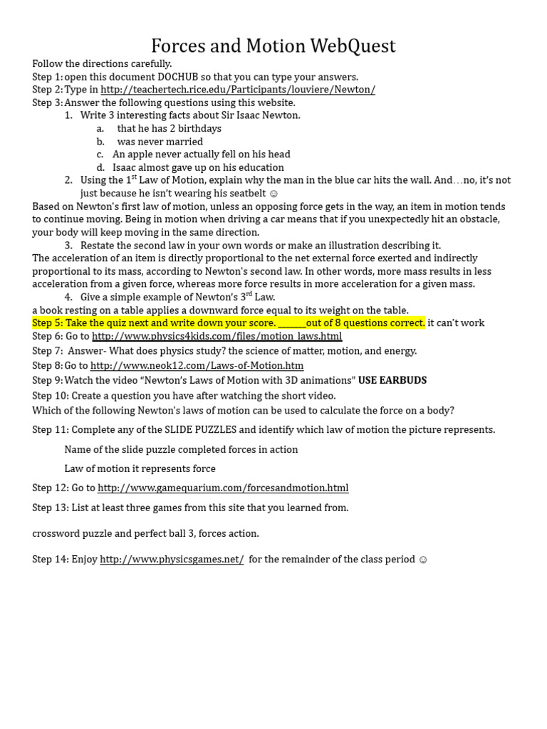 ForcesandMotionWebquest-1 2 | PDF | Force | Newton's Laws Of Motion
