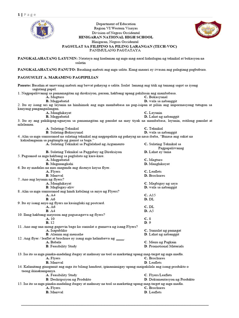 Tec-Voc Pre-Test | PDF