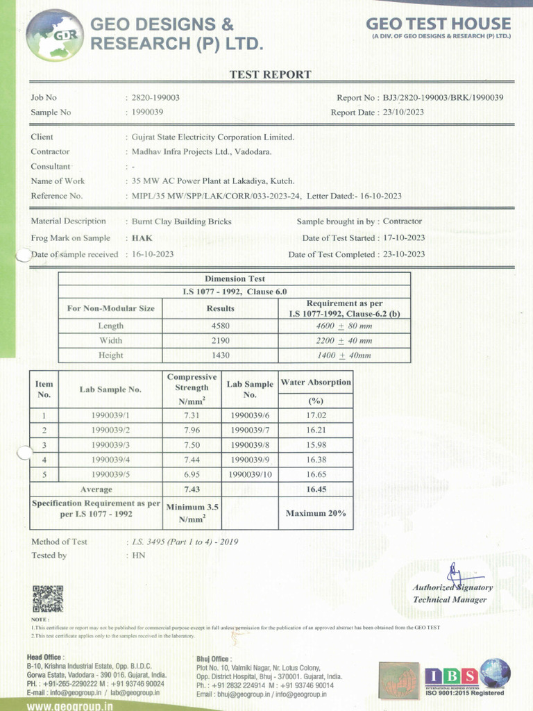 Brick Test Report | PDF