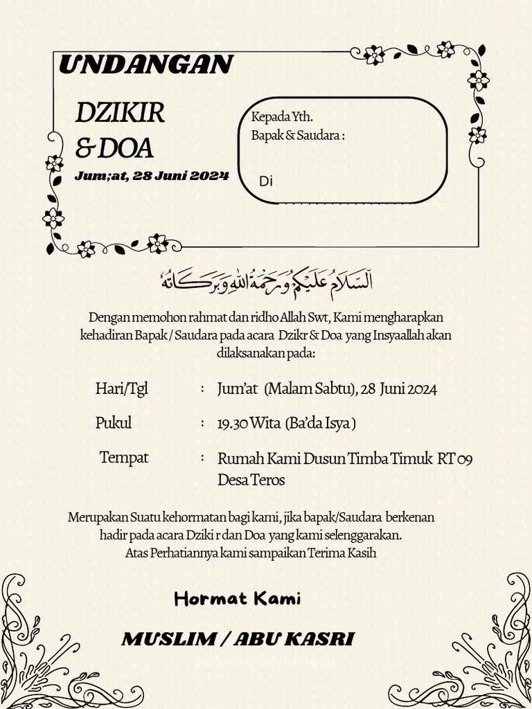 Undangan Dzikir Dan Doa | PDF
