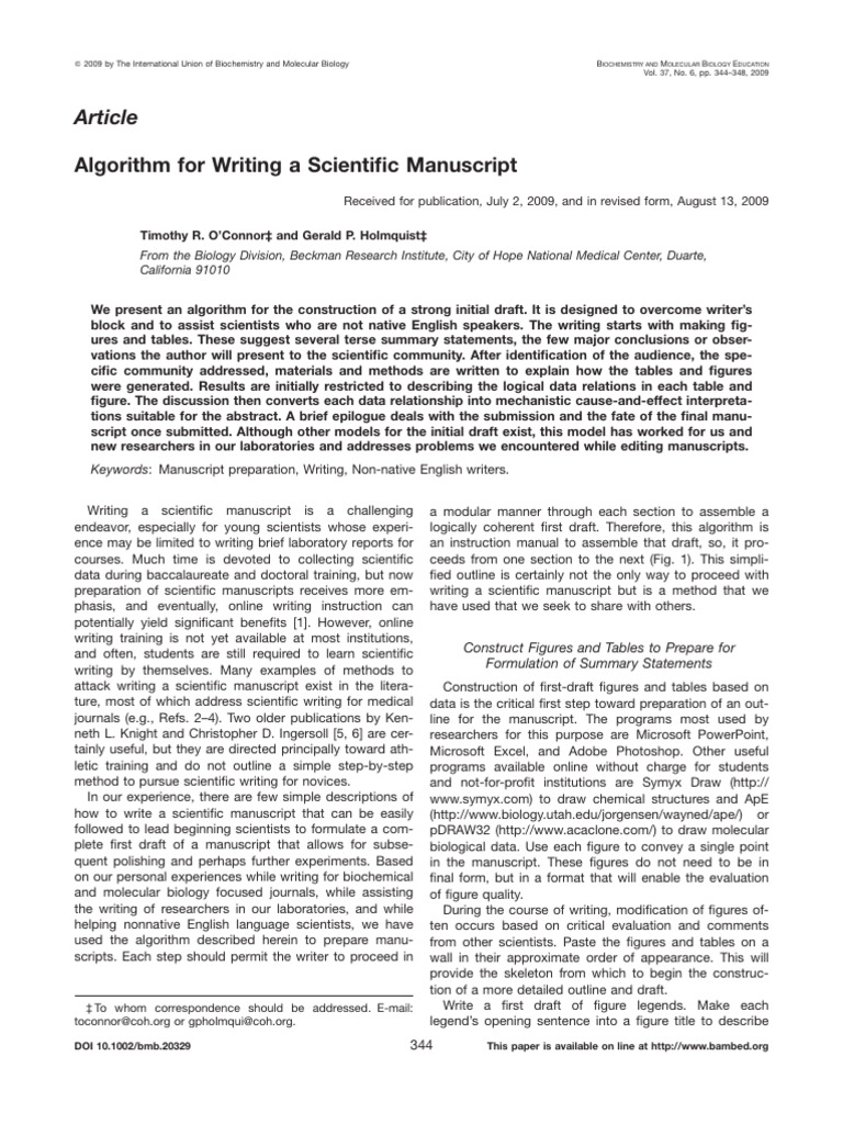 0.2. O Connor, 2009. Algorithm For Writing A Scientific Manuscript ...