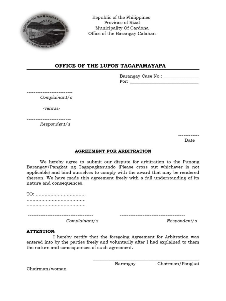 Barangay Arbitration Agreement Template | PDF
