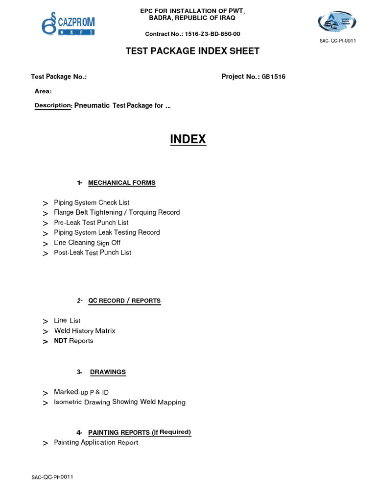 Test Package Index Sheet | PDF