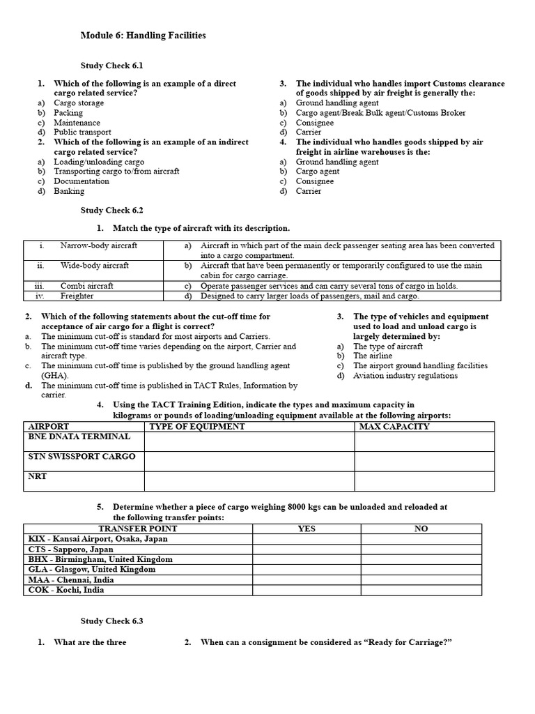 IATA CARGO INTRODUCTORY Study Check - Module 6 | PDF | Cargo | Airport