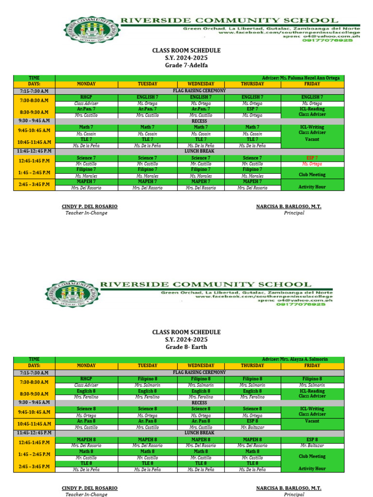 RCS CURRENT CLASS ROOM SCHEDULE 2023-2024 PDF - Copy | PDF