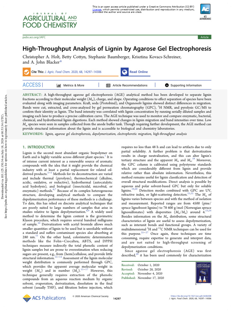Holt Et Al 2020 High Throughput Analysis Of Lignin By Agarose Gel Electrophoresis Pdf