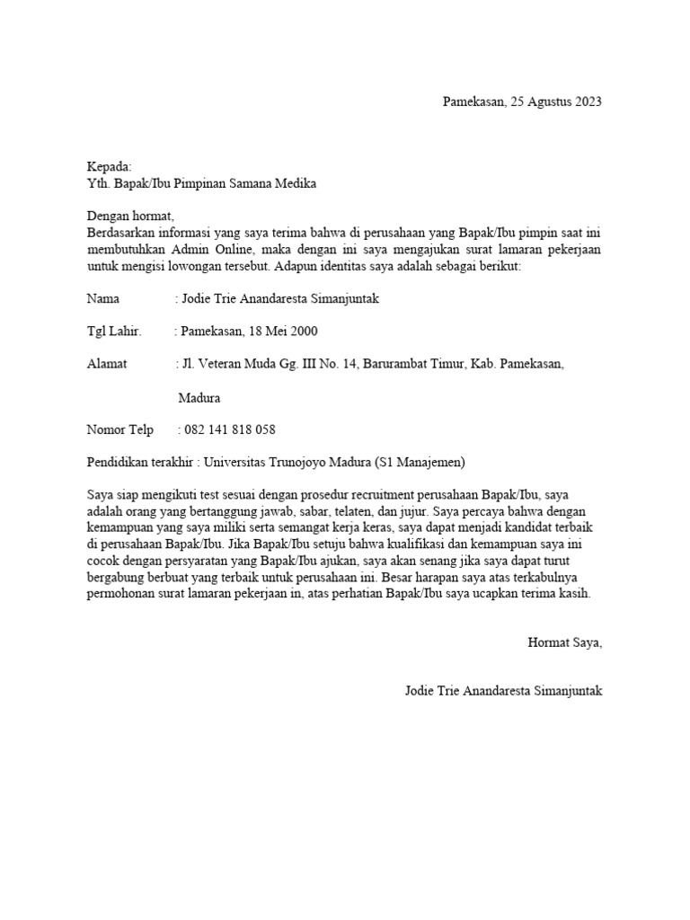 Surat Lamaran (Admin Online) | PDF