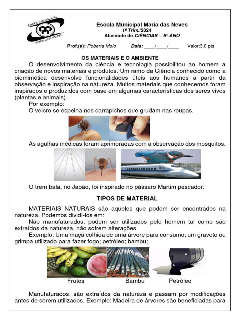 6 Ano Atividade Materiais Naturais e Sintéticos | PDF | Plástico | Madeira