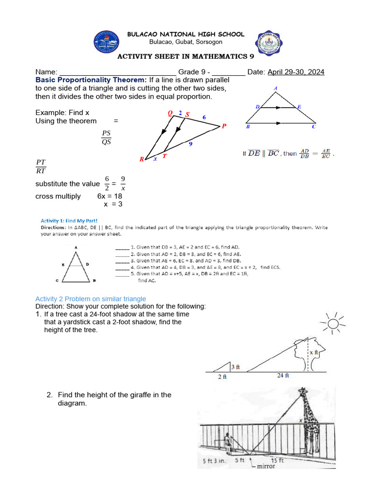 Activity - Triangle Similarity.g9 | PDF