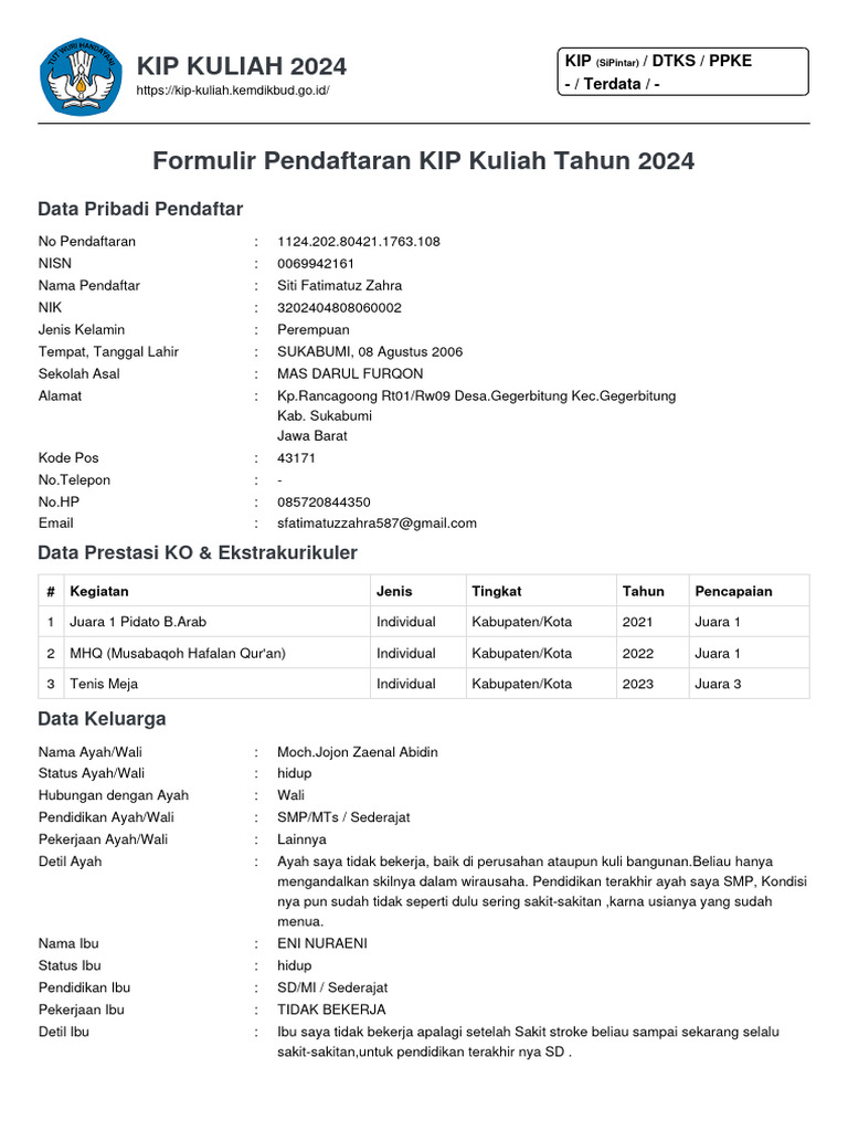 Formulir Peserta KIP Kuliah 2024 | PDF