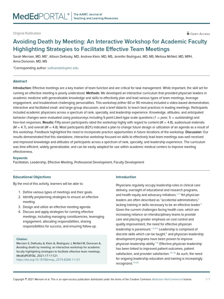 2021 - Merriam - Avoiding Death by Meeting | PDF | Leadership | Learning