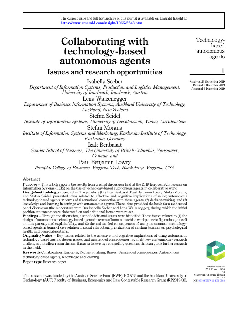 2019 - Review - Collaborating With Technology Based Autonomous Agents | PDF | Artificial ...