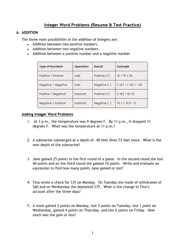 G7- Integer Word Problems - Test Practice | PDF | Multiplication | Numbers